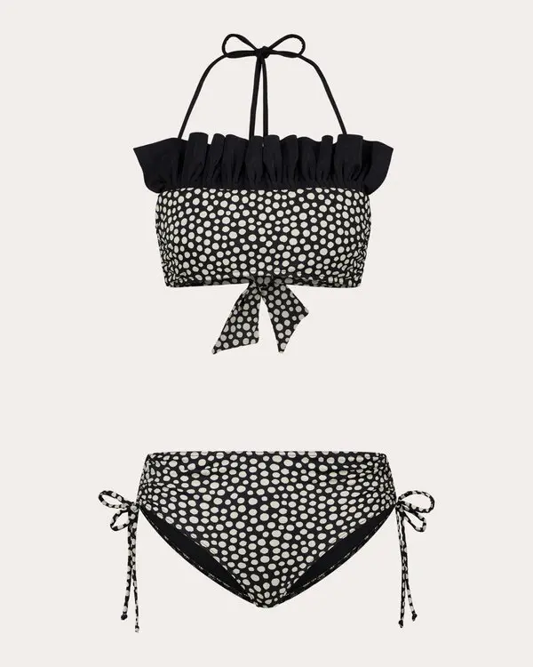 GIRLSMUSTHAVE Sasha Polka Dot Ruffle Halter Bikini Top - Black