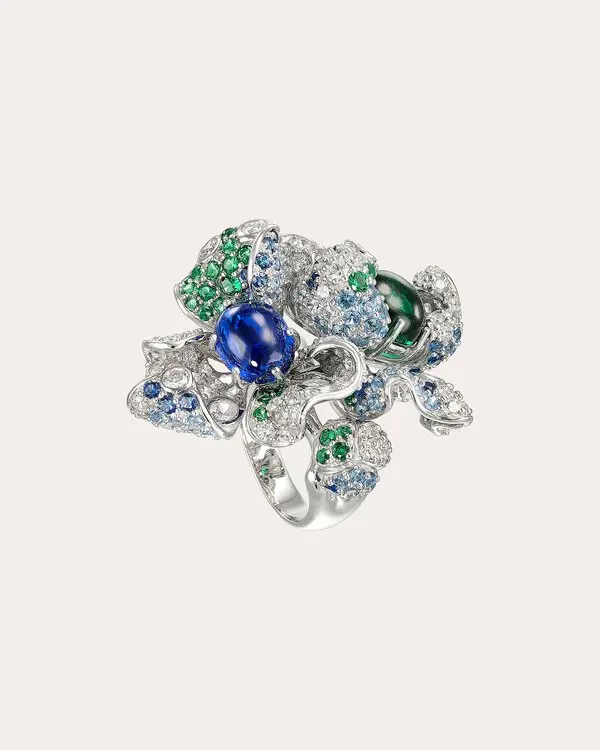ANABELA CHAN Emerald & Sapphire Blossom Ring - Silver