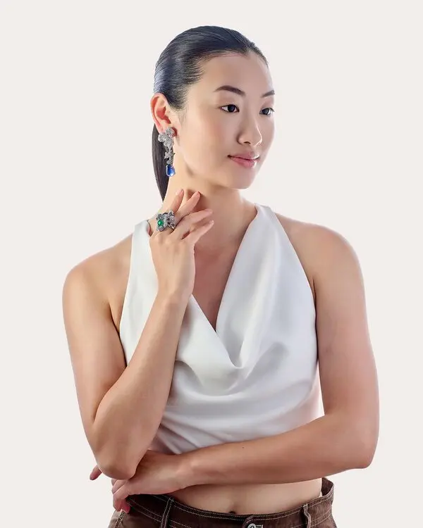 ANABELA CHAN Emerald & Sapphire Blossom Ring - Silver