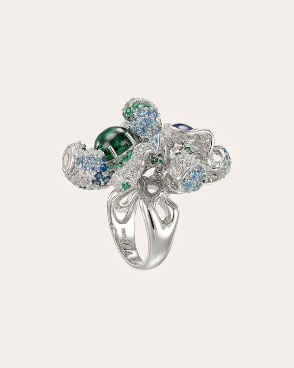 ANABELA CHAN Emerald & Sapphire Blossom Ring - Silver