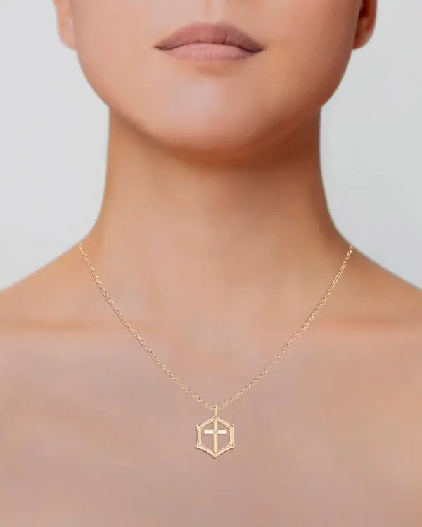Natori Diamond And 14k Yellow Bamboo Cross Hexagon Pendant Necklace
