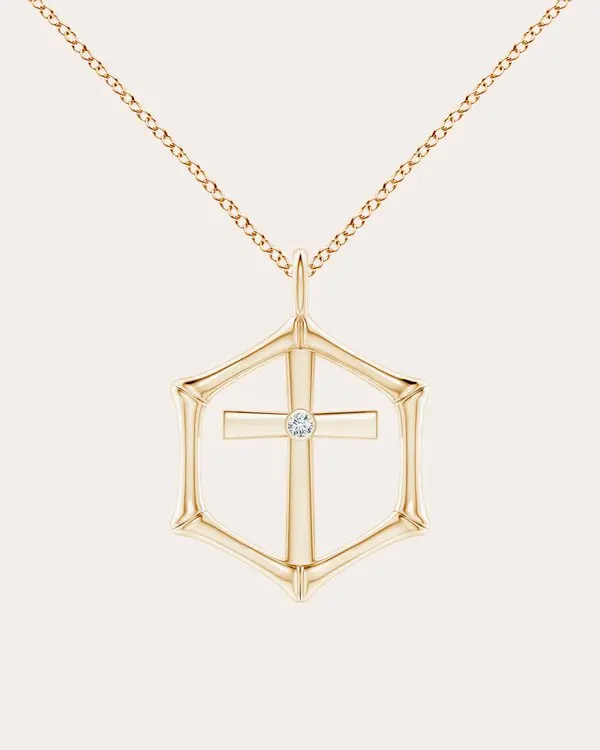 Natori Diamond And 14k Yellow Bamboo Cross Hexagon Pendant Necklace