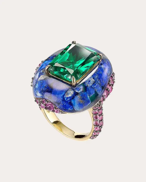 ANABELA CHAN Emerald & Regenerative Lapis Ring - Green