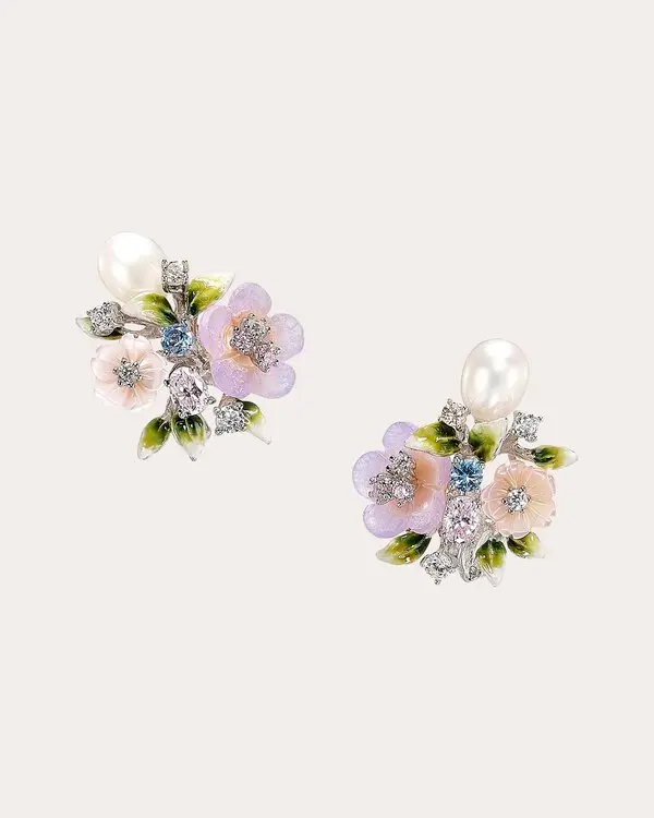 ANABELA CHAN Diamond, Mother Of Pearl And Lavender Primrose Vine Stud Earrings - Purple