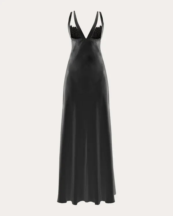 ROMUṠE Eva Silk Lace Cutout Maxi Dress - Black