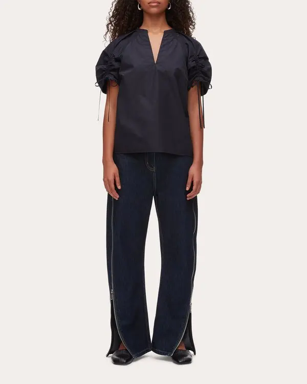 3.1 Phillip Lim Cotton Poplin Ruched Puff-sleeve Top - Black