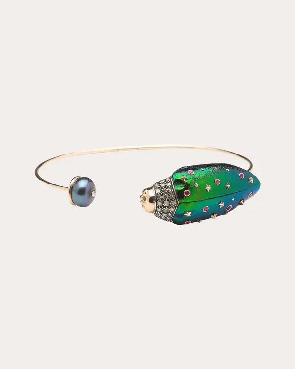 BIBI VAN DER VELDEN Tahitian Pearl & Diamond Scarab Cuff Bracelet - Rose Gold/green
