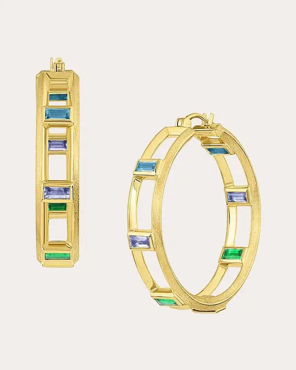JENNIFER DEMORO Full Sundown 18k Gold Emerald Topaz And Sapphire Hoop Earrings - Blue