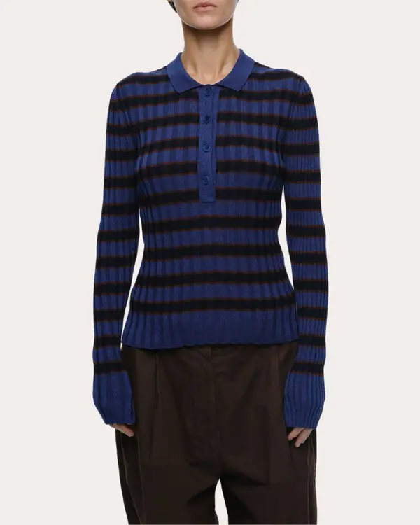 EOLAS Silvia Stripe Ribbed Cotton Polo Sweater