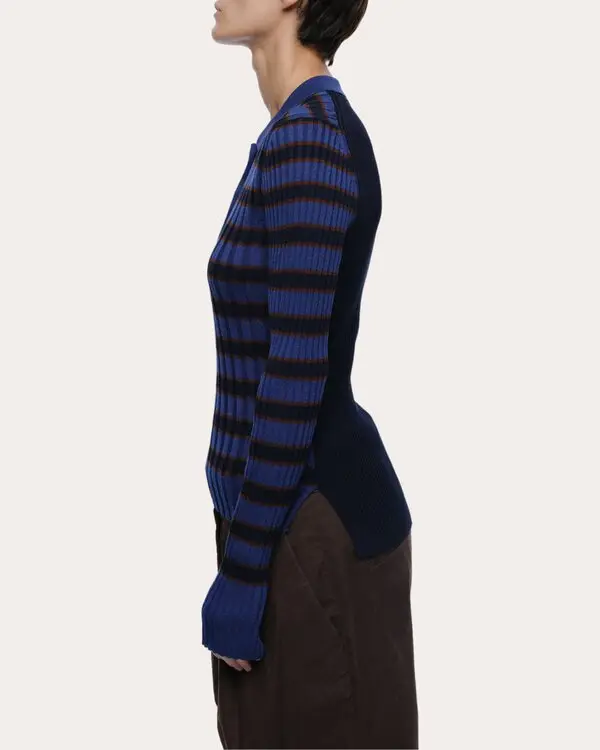 EOLAS Silvia Stripe Ribbed Cotton Polo Sweater