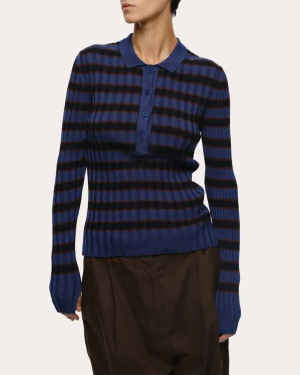 EOLAS Silvia Stripe Ribbed Cotton Polo Sweater