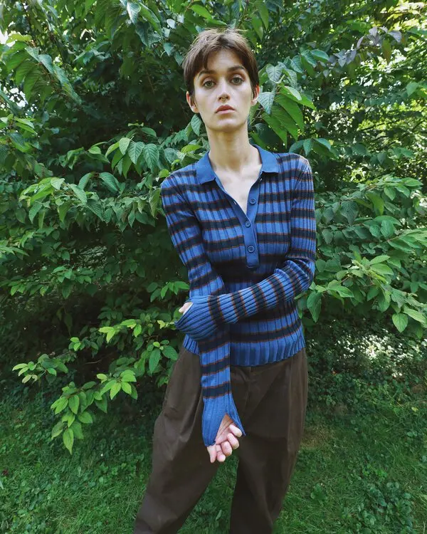 EOLAS Silvia Stripe Ribbed Cotton Polo Sweater