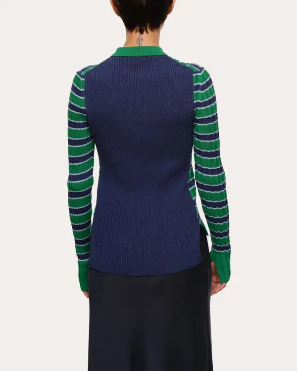EOLAS Silvia Stripe Ribbed Cotton Polo Sweater