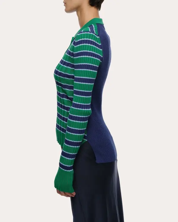EOLAS Silvia Stripe Ribbed Cotton Polo Sweater