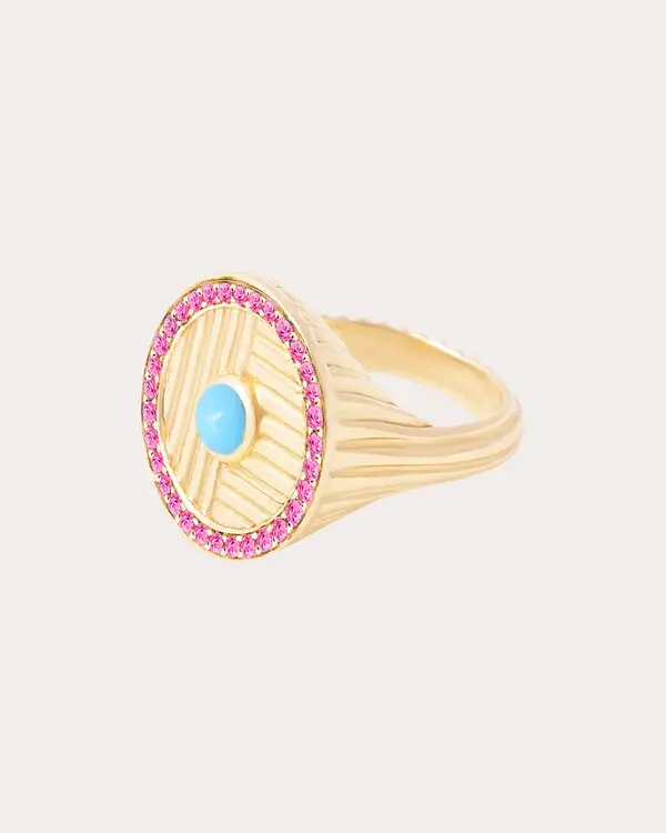 CAMPBELL + CHARLOTTE Found 14k Ribbed Gold Turquoise And Sapphire Ring - Turquoise/pink Sapphires