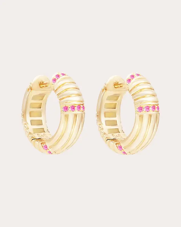 CAMPBELL + CHARLOTTE Found 14k Ribbed Gold Sapphire Hoop Earrings - Pink