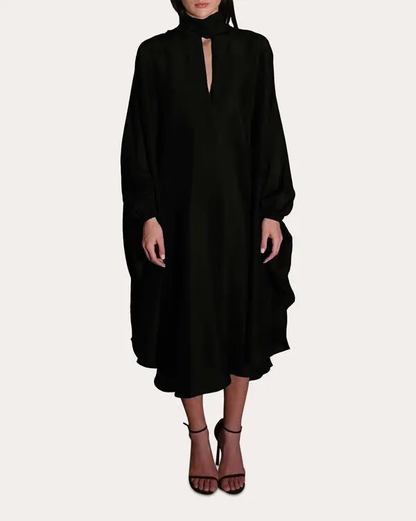 Azeeza Emlyn Silk Tie-neck Cape Midi Dress - Black
