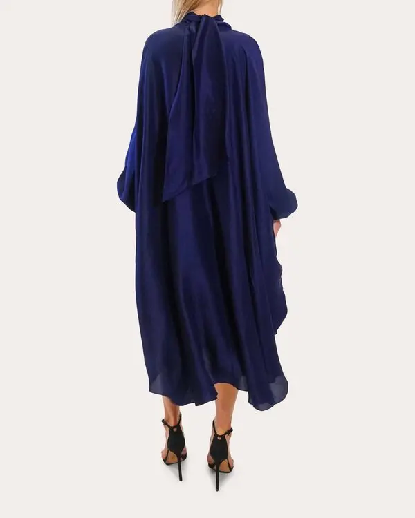 Azeeza Emlyn Silk Tie-neck Cape Midi Dress - Navy