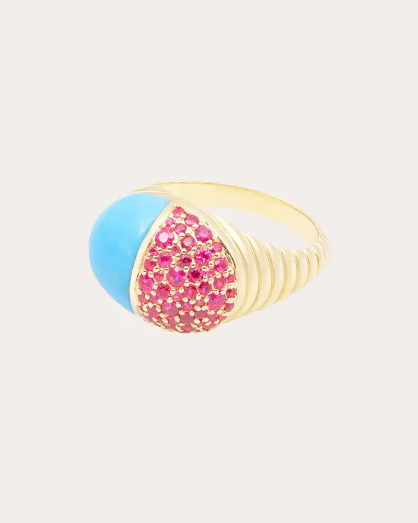 CAMPBELL + CHARLOTTE Pink Sapphire & Turquoise 14k Gold Found Cap Ring - Blue