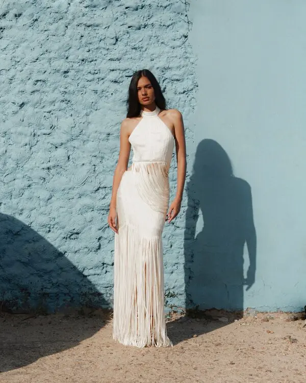 Francisco Arce Draped Silk Fringe Halter Top