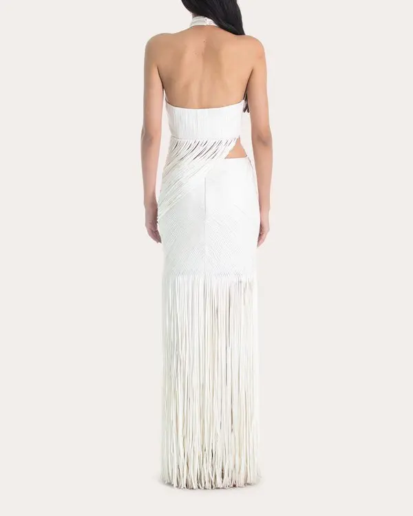 Francisco Arce Draped Silk Fringe Halter Top