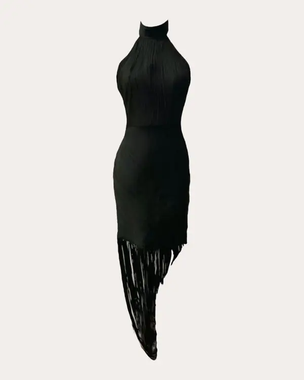 Francisco Arce Hellen Silk Fringe Asymmetric Halter Dress