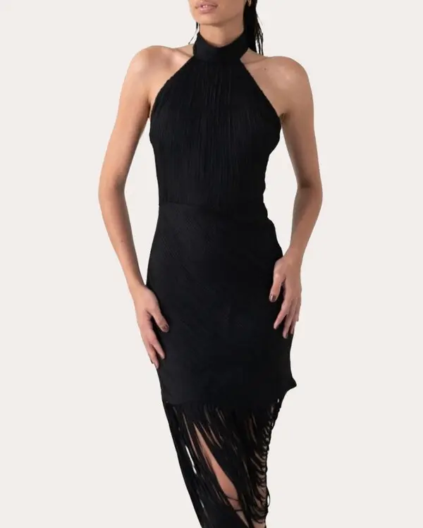 Francisco Arce Hellen Silk Fringe Asymmetric Halter Dress