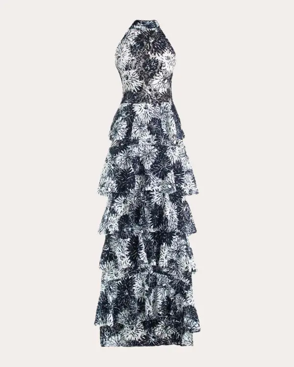 Francisco Arce Kei Embroidered Floral Lace Tiered Gown