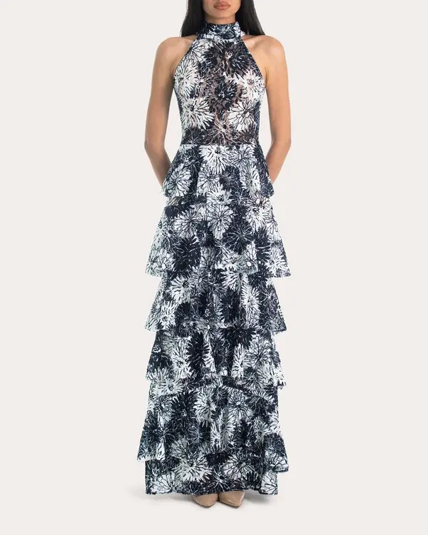 Francisco Arce Kei Embroidered Floral Lace Tiered Gown