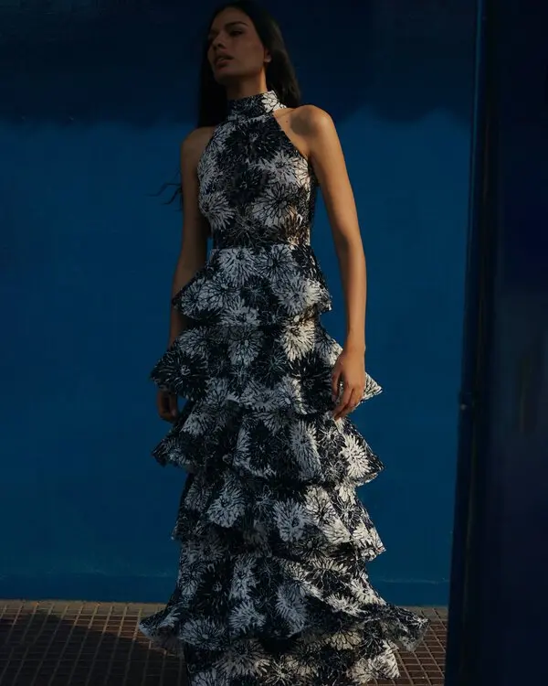 Francisco Arce Kei Embroidered Floral Lace Tiered Gown