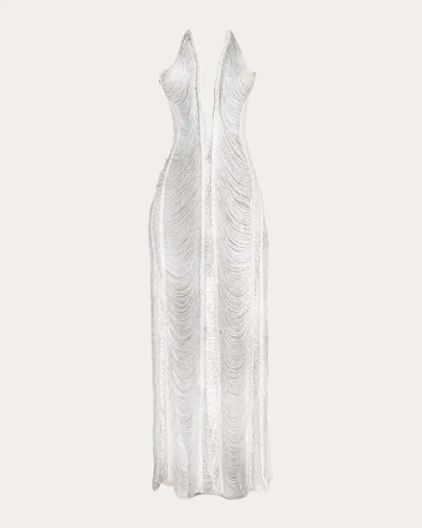 Francisco Arce Zira Illusion Tulle Fringe Gown - Silver