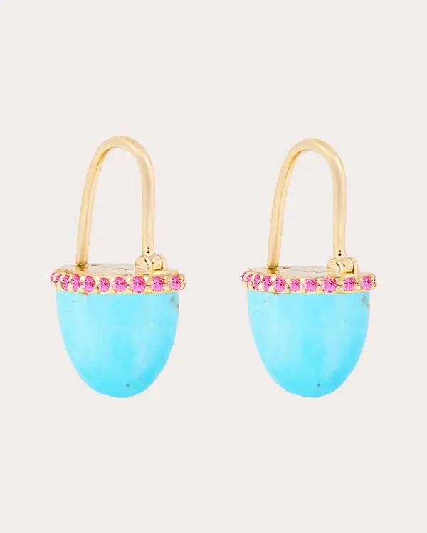 CAMPBELL + CHARLOTTE Found Cap 14k Gold Turquoise And Sapphire Hoop Earrings - Turquoise/pink Sapphires