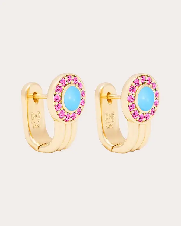 CAMPBELL + CHARLOTTE Found 14k Gold Turquoise And Sapphire Hoop Earrings - Pink Sapphires/turquoise