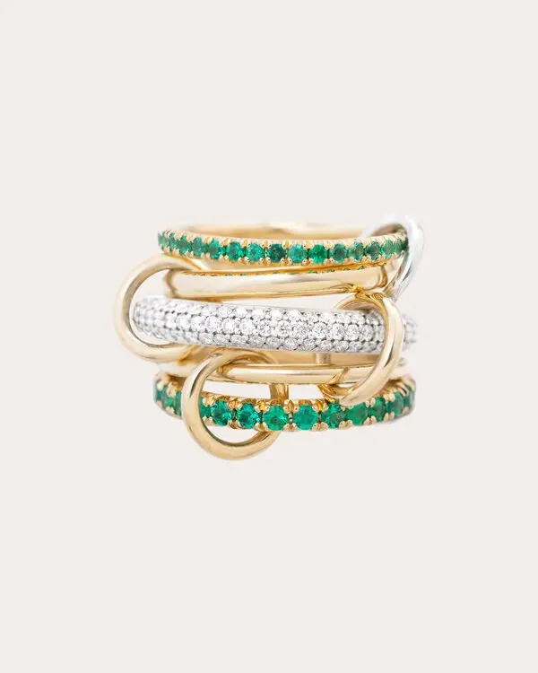 SPINELLI KILCOLLIN Diamond & Emerald 18k Gold Pavé Linked Rings - Green