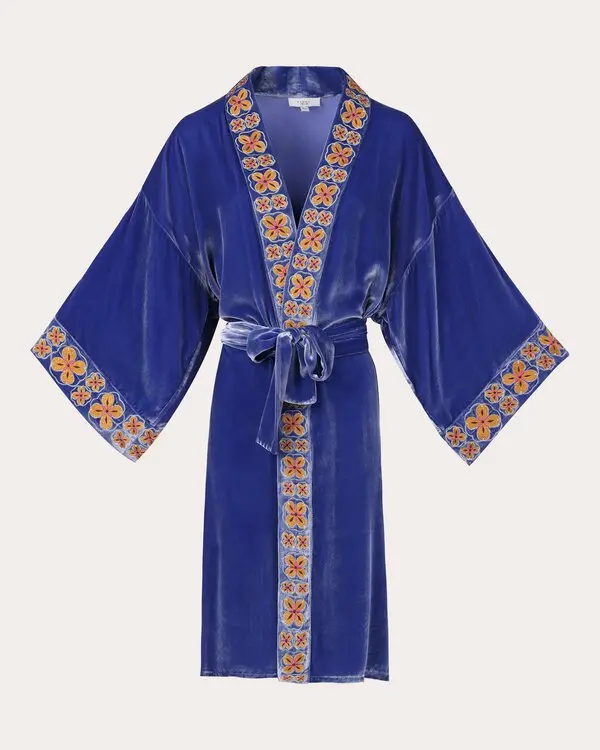 KARMA ON THE ROCKS Nikko Embroidered Velvet Short Kimono - Blue