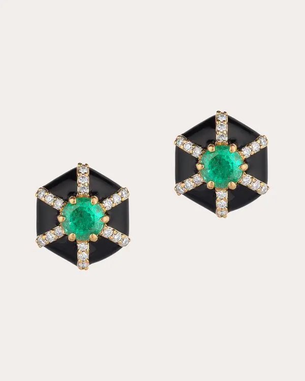 Goshwara Queen 18k Gold Enamel Emerald And Diamond Stud Earrings - Black/green