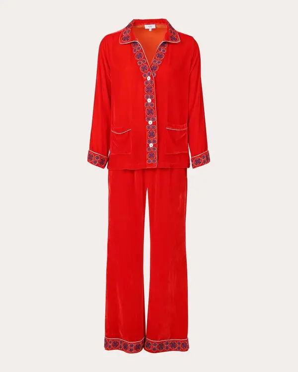 KARMA ON THE ROCKS Tokyo Embroidered Velvet Pajama Set - Red