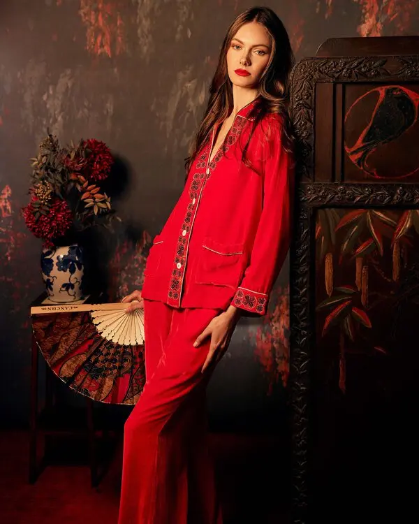 KARMA ON THE ROCKS Tokyo Embroidered Velvet Pajama Set