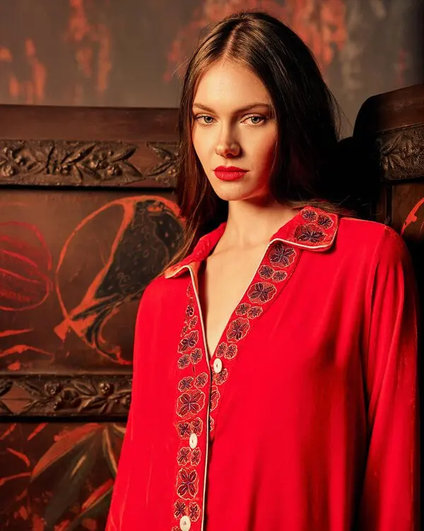 KARMA ON THE ROCKS Tokyo Embroidered Velvet Pajama Set