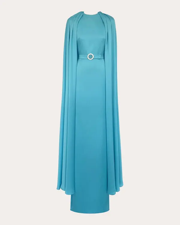 EDELINE LEE Mercury Belted Cape-effect Crinkled-satin Gown