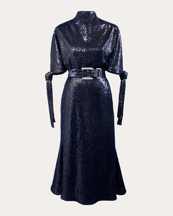 EDELINE LEE Pedernal Sequin Belted Tie-sleeve Midi Dress - Navy