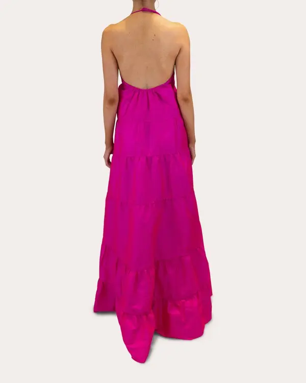Azeeza Olesia Taffeta Tiered V-neck Halter Gown - Pink