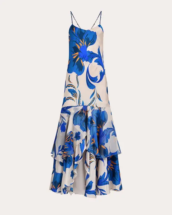 FRANCESCA MIRANDA Atlas Beaded Floral Silk Maxi Dress - Blue
