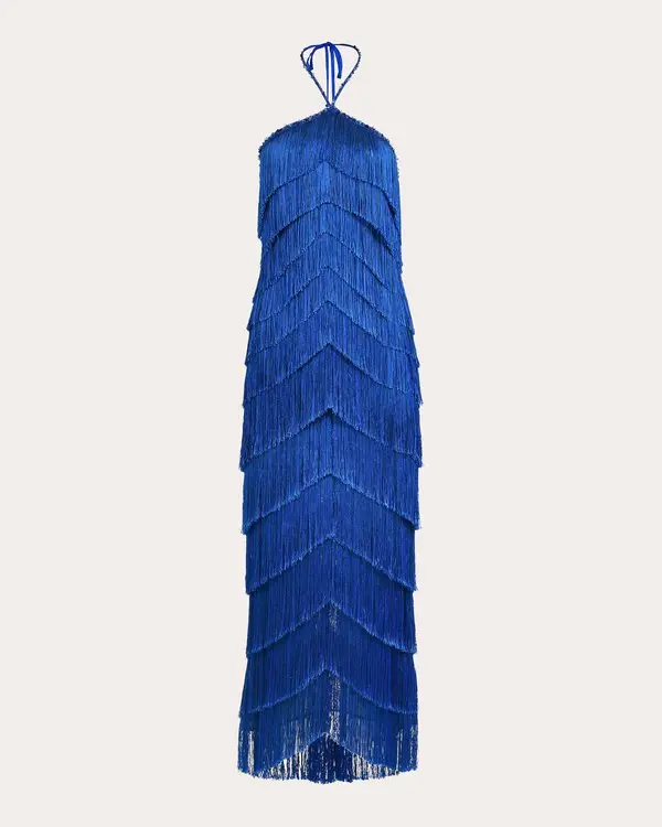 FRANCESCA MIRANDA Estrella Silk Fringe Tiered Maxi Dress - Blue
