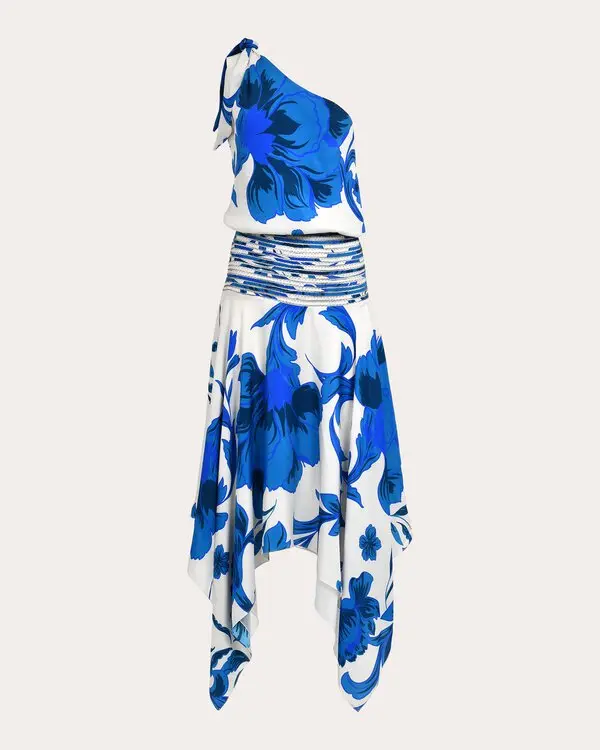 FRANCESCA MIRANDA Halia Floral Silk Pata De Cabra Asymmetric Midi Dress - Blue