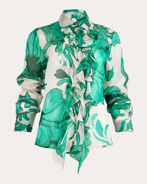 FRANCESCA MIRANDA Floral Silk Organza Ruffle Blouse - Green