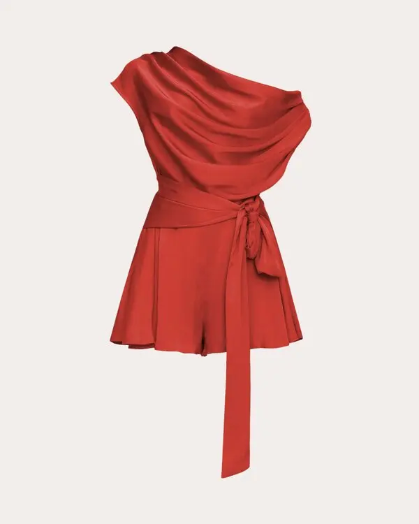 ANDREA IYAMAH Edah Draped Satin Romper - Red
