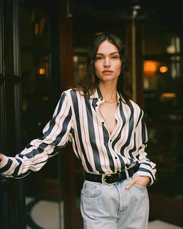 WITH NOTHING UNDERNEATH The Boyfriend Stripe Tencel Button-up Top