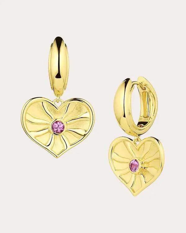 JENNIFER DEMORO So Wavy 18k Gold Sapphire Heart Hoop Earrings - Pink
