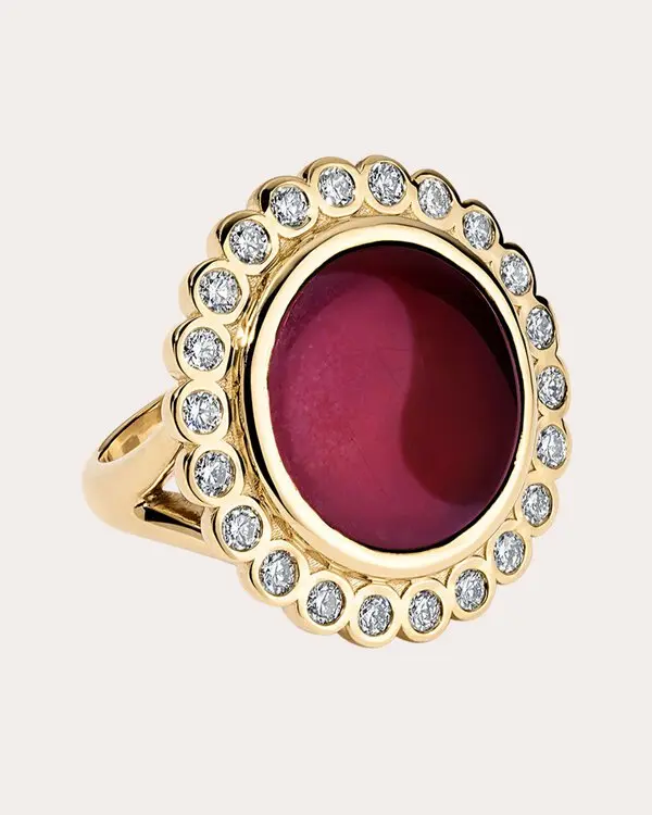 RUVEIL Yin Yang Agate & Diamond 14k Gold Oval Ring - Red